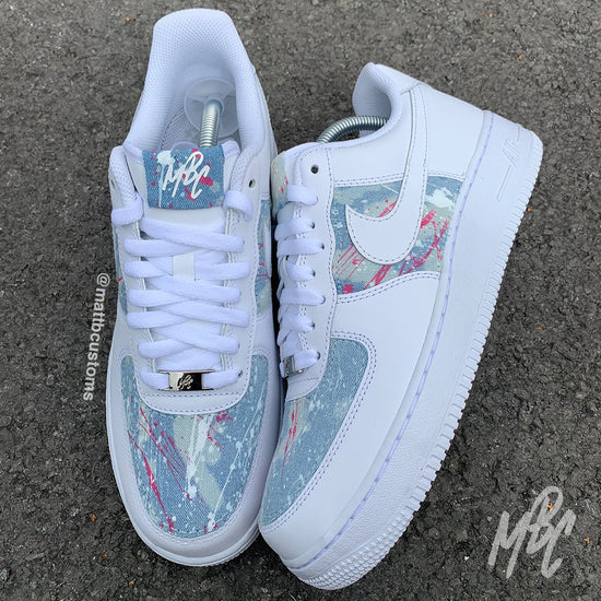 Blue Acid Wash Paint Splat Denim - Custom Nike Air Force 1 Trainers ...